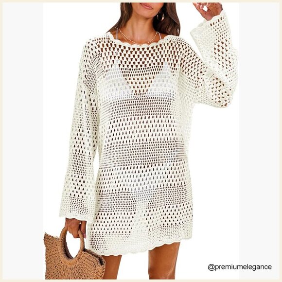 Swim | Crochet Mesh Swim Cover Up Long Sleeve Beach Dress Acrylic ...